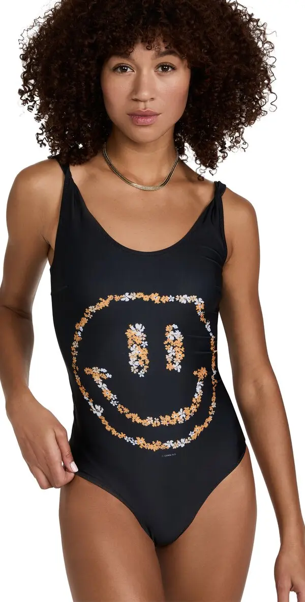 Ganni Twisted Strap Swimsuit Smiley Placement Print In Black - 40% Off ...