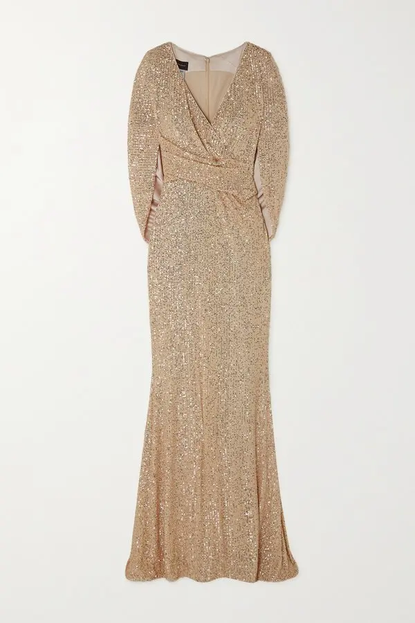 Talbot Runhof Cape-Effect Draped Sequined Tulle Gown In Gold - 60% Off |  Editorialist