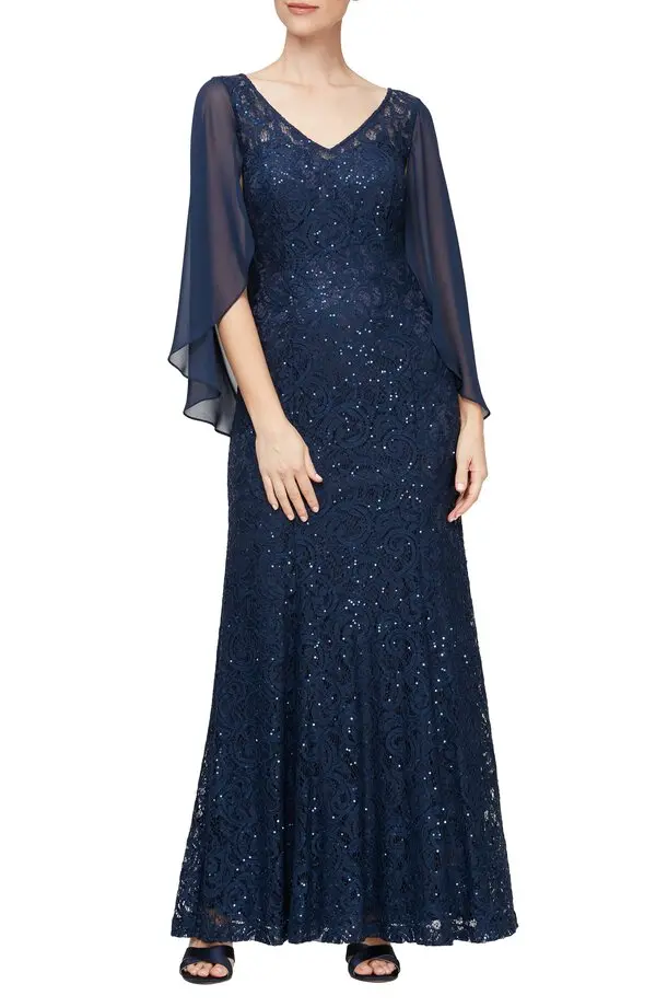 Alex Evenings V-Neck Sequin Lace Capelet Formal Gown - Navy | Editorialist