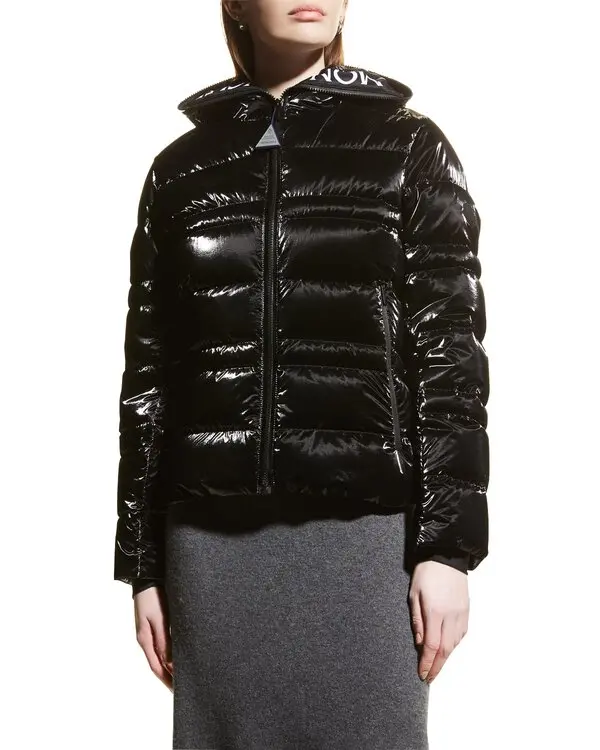 Moncler Tharon Hooded Logo Text Puffer Jacket - Black | Editorialist
