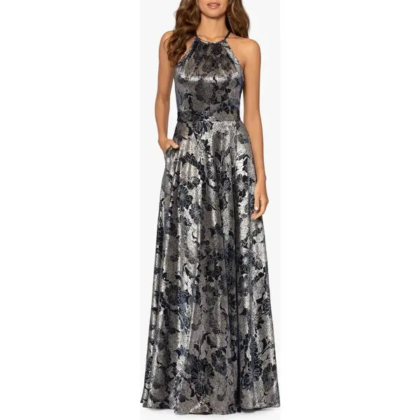 Betsy & Adam Metallic Floral Halter A-line Gown - Navy/gunmetal
