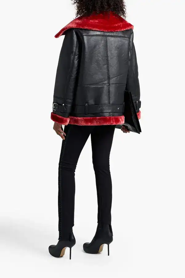 Walter Baker Celine Faux Fur-Trimmed Leather Jacket Red