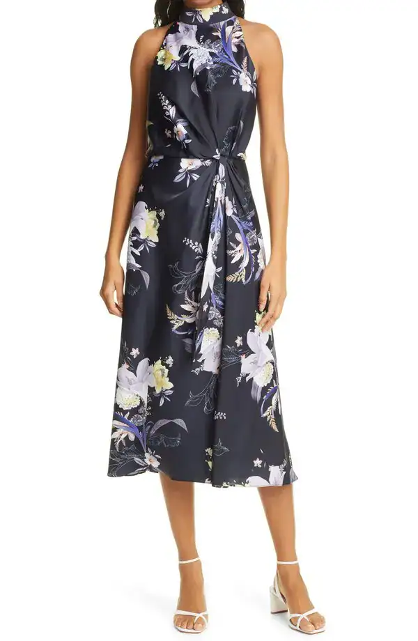 tie neck midi dress in midnight dutch floral Black Midi Wedding Guest Dress with Beaded Flowers– PromGirl