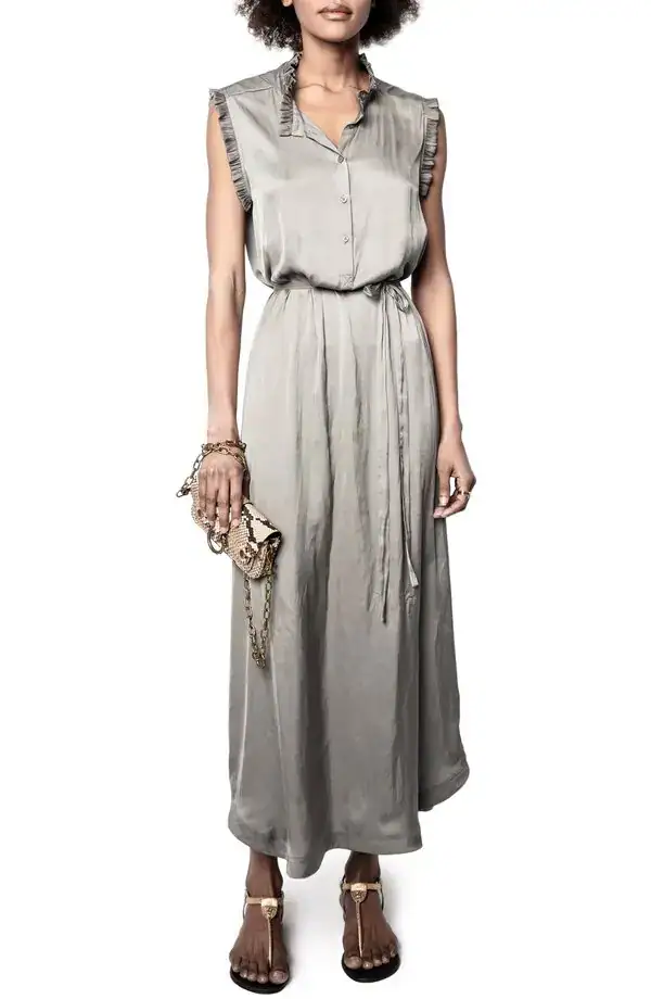 Zadig&Voltaire Raos Tie Waist Satin Maxi Dress - Grey | Editorialist