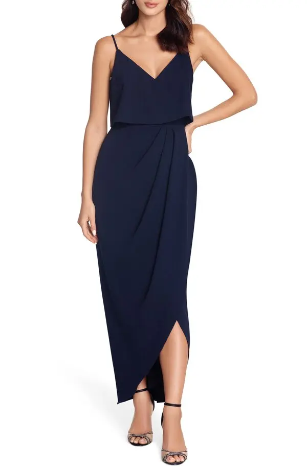 Xscape Scuba Crepe Popover Faux Wrap Gown Blue Editorialist