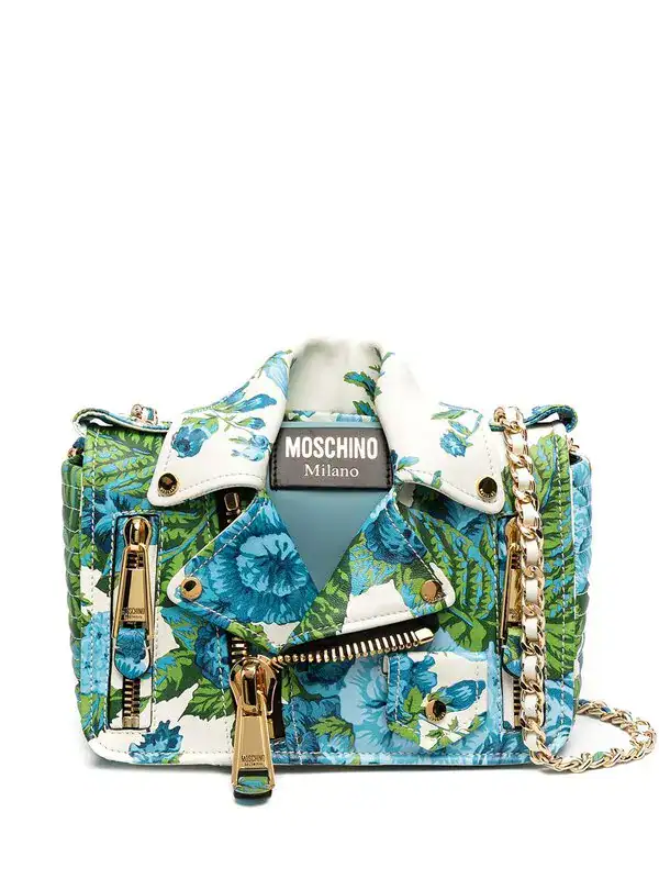 Moschino Floral Print Biker Shoulder Bag In Blue - 40% Off  display picture 1