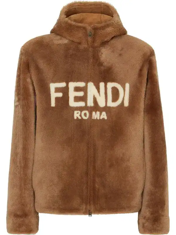 Fendi Logo-Lettering Hooded Shearling Jacket - Brown | Editorialist