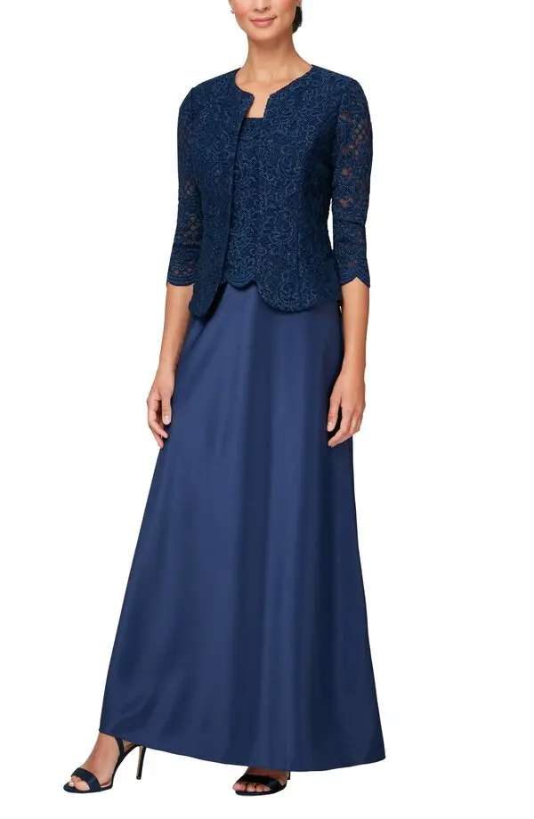 Alex Evenings Petite Embroidered Lace Mock Two-Piece Gown With Jacket -  Navy | Editorialist