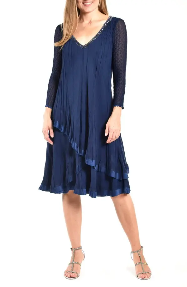Komarov Beaded Long Sleeve Cocktail Dress - Midnight Navy | Editorialist