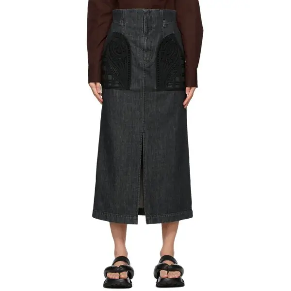 Mame Kurogouchi Denim Embroidered Skirt In Black - 45% Off 