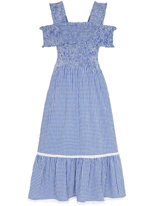 Shrimps Rafferty Off-Shoulder Gingham Midi Dress In Blue 73% Off