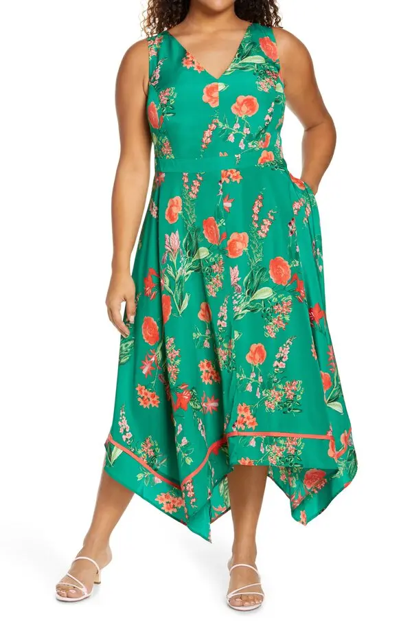 Vince Camuto Floral Handkerchief Hem Sleeveless Midi Dress In Green - 40%  Off | Editorialist