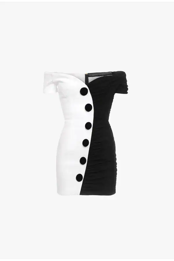 balmain white and black viscose off the shoulder dress Dotted tweed one-shoulder dress - Women