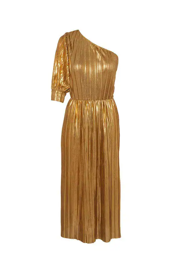 Lisou Riva Gold Plisse One Shoulder Dress - Metallic | Editorialist