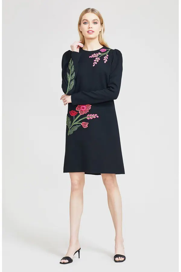 Lela Rose Floral Embroidered Wool Crepe Long Sleeve Tunic Dress In Black -  70% Off | Editorialist