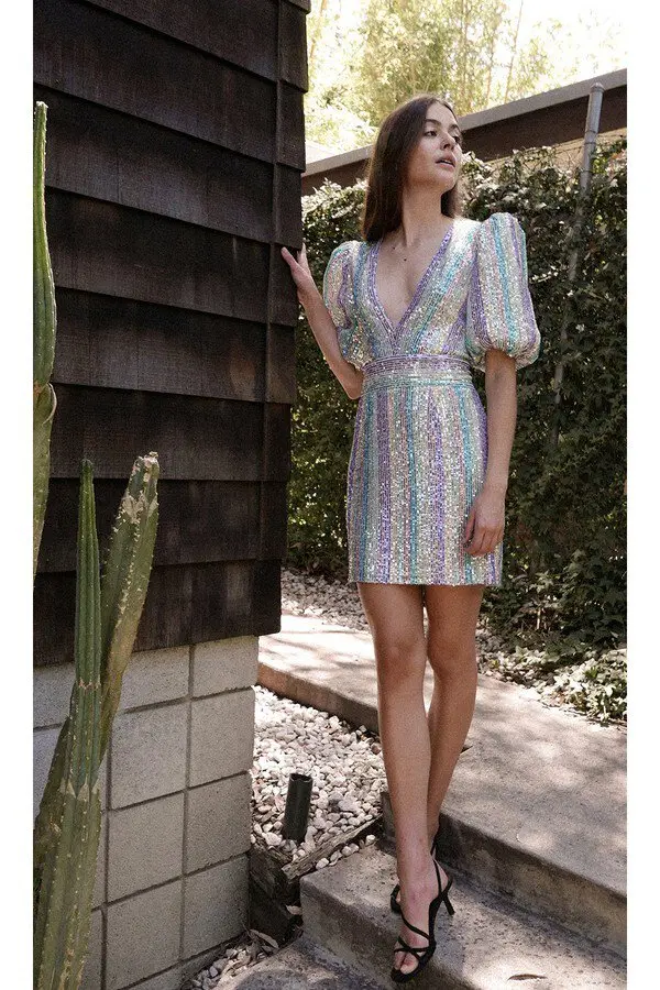 pastel stripe sequin dress Sequin-Stripe One-Shoulder Mini Party Dress