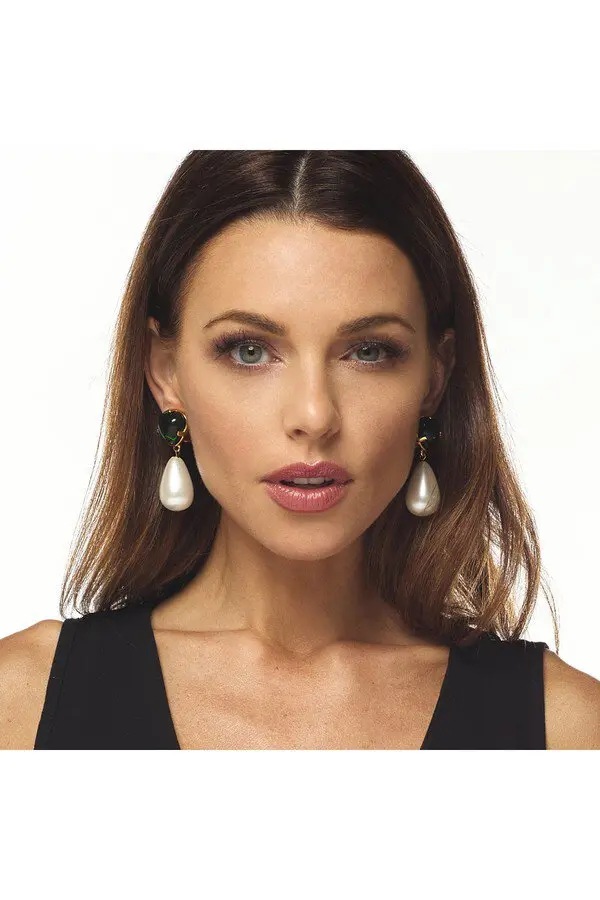 KENNETH JAY LANE Emerald & Pearl Drop Clip Earrings