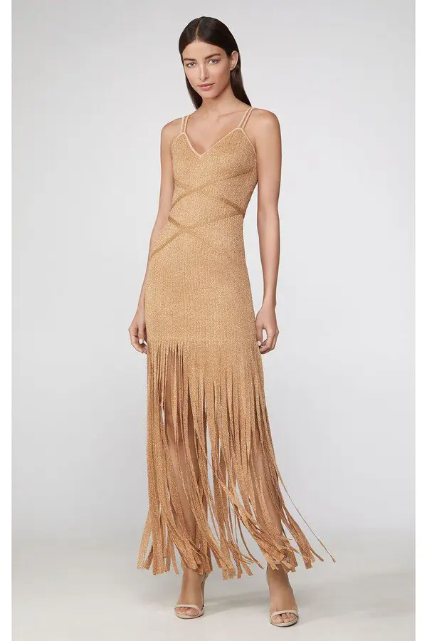 herve leger gold fringe dress STRAPPY OTTOMAN FRINGE GOWN – HERVÉ LÉGER
