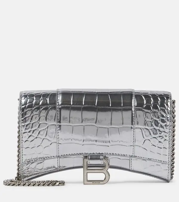 Balenciaga Hourglass Croc-effect Leather Wallet On Chain - Silver