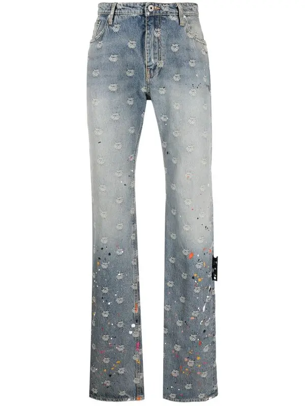 Off-White Logo Jacquard Paint-splatter Jeans