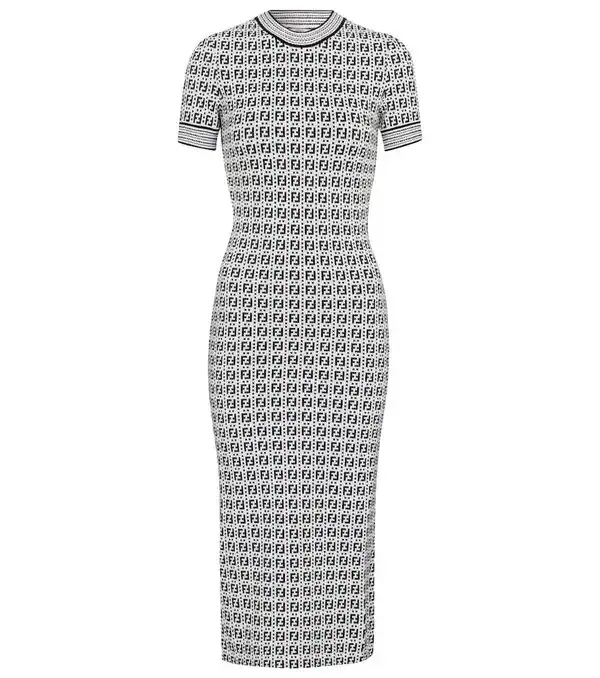 Fendi Logo Jacquard Knit Midi Dress White Editorialist