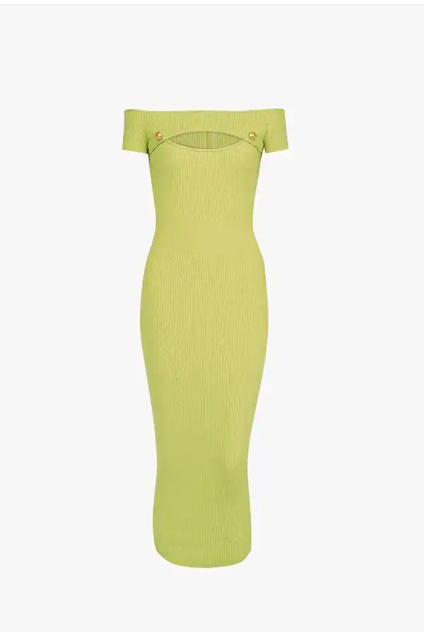 Balmain Midi Length Lime Knit Openwork Dress - Green | Editorialist