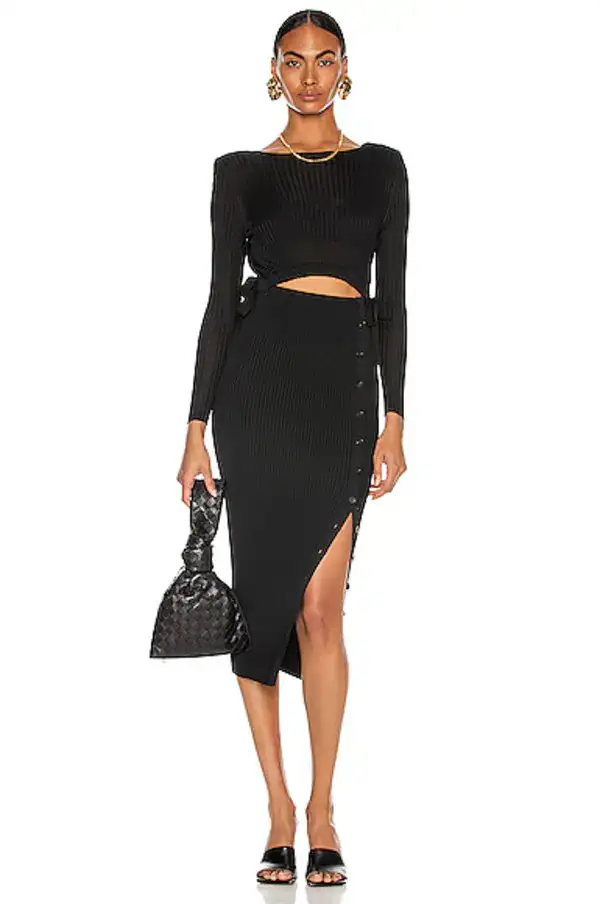 Self-Portrait Viscose Rib Knit Midi Dress - Black | Editorialist