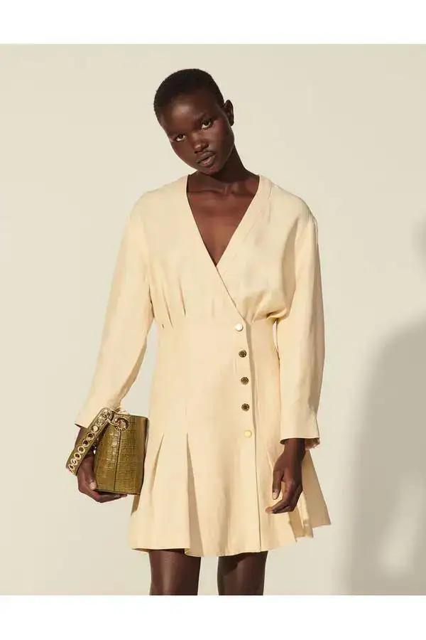 Sandro Short Linen Dress With Press Studs In Neutral - 40% Off |  Editorialist