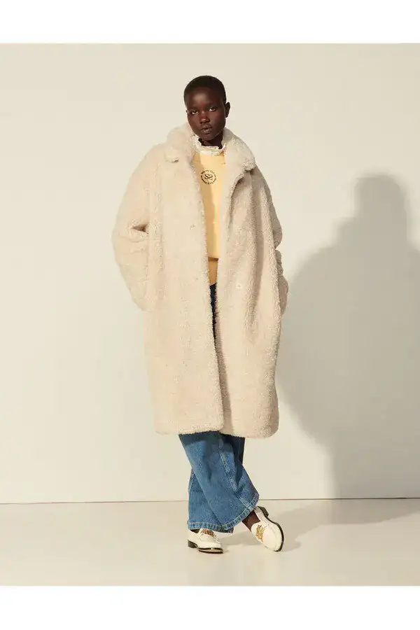 Sandro Long Faux Fur Coat In White 60% Off Editorialist