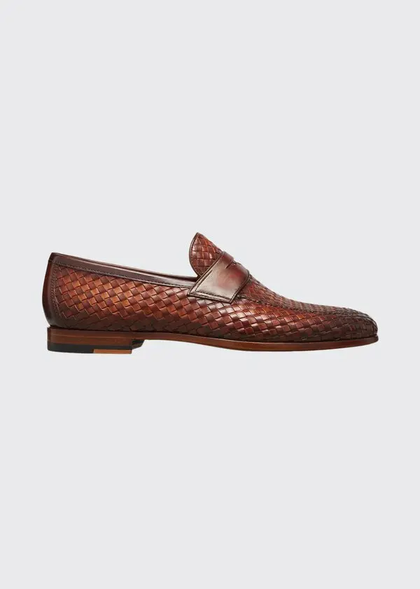 Magnanni Woven Leather Penny Loafers - Cognac | Editorialist