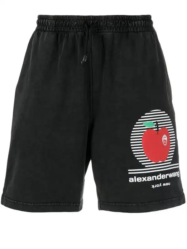 Alexander Wang Apple-Print Cotton Track Shorts In Black - 25% Off