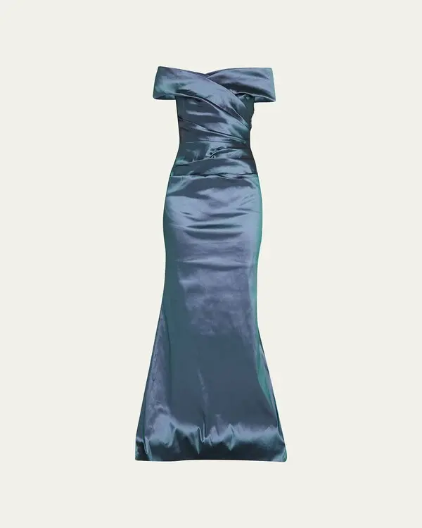 Rickie Freeman For Teri Jon Off-shoulder Taffeta Gown - Slate