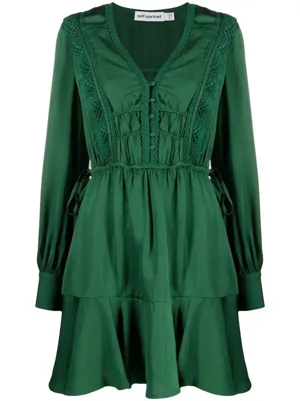 Self-Portrait Lace Trim Mini Skater Dress In Green - 50% Off | Editorialist