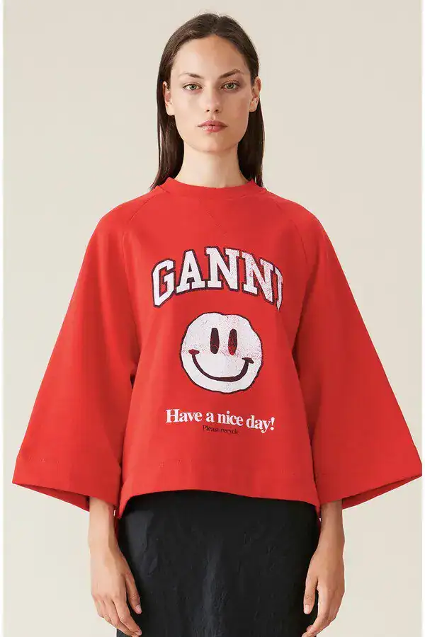 Ganni Isoli Oversized Raglan Sweatshirt, Smiley In Red 20% Off