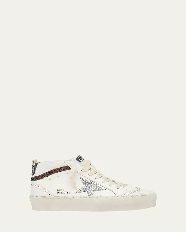 Golden Goose Mid Star Glitter Wing-tip Sneakers - White/silver/bro