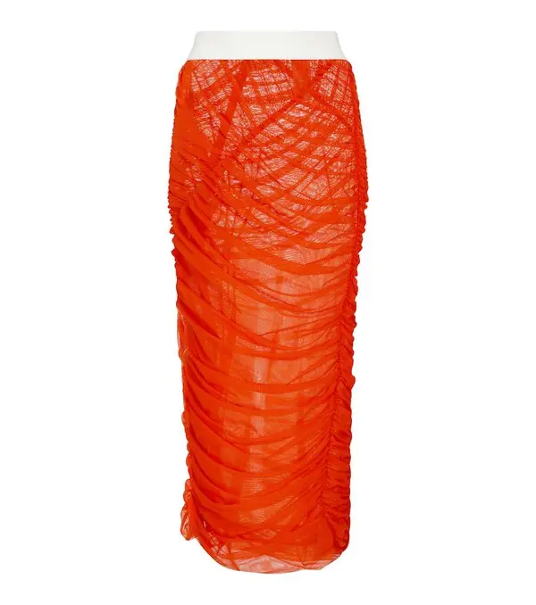 Dries Van Noten Ruched Mesh Midi Skirt - Orange