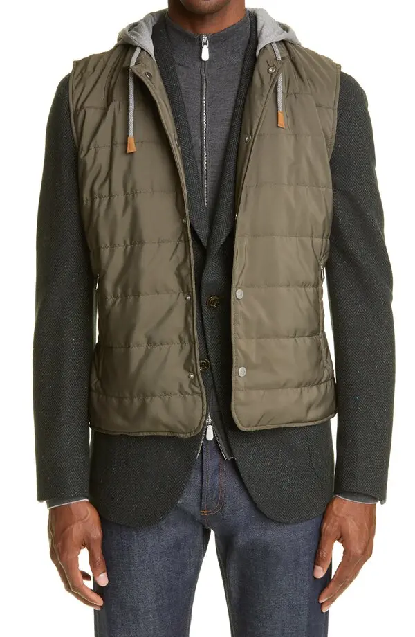 Eleventy Quilted Vest With Removable Jersey Hood - Green | Editorialist
