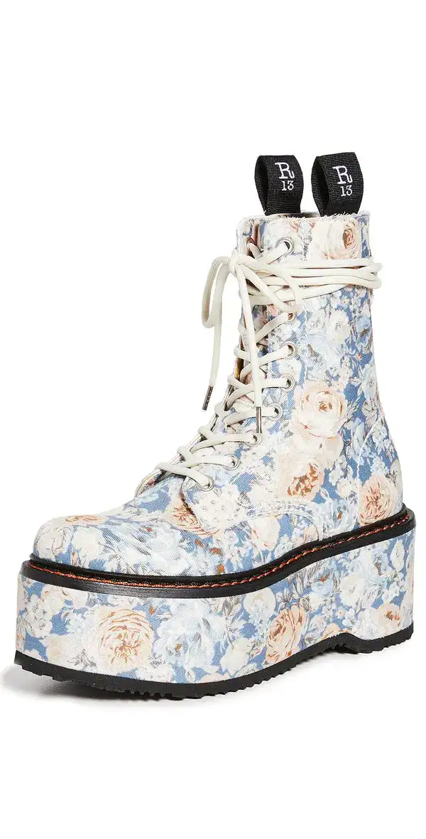 R13 Double Stack Wrap Lace-Up Boots Blue Floral Editorialist