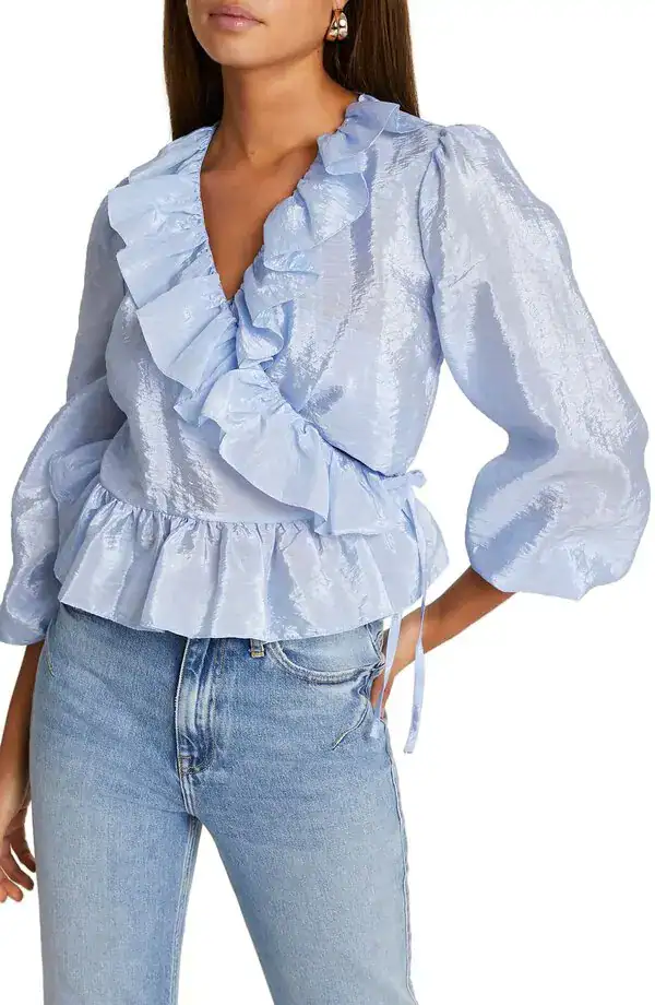 Buy RIVER ISLAND Bella Frilly Wrap Top - Blue At 40% Off | Editorialist
