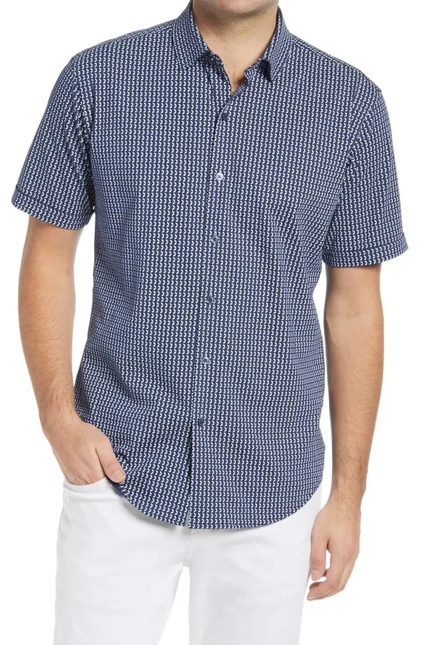 Bugatchi Geometric Knit Short Sleeve Button-up Shirt - Blue | Editorialist