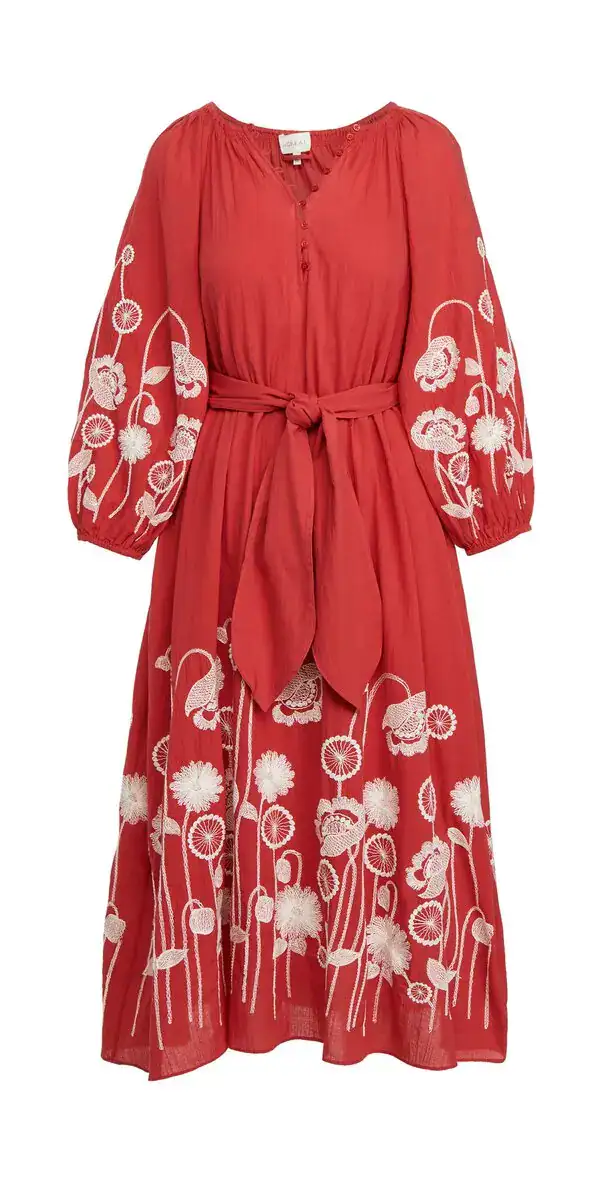 the pollie short-sleeve swing tunic mini dress: embroidered edition Mariposa Long Kaftan in Jadestone