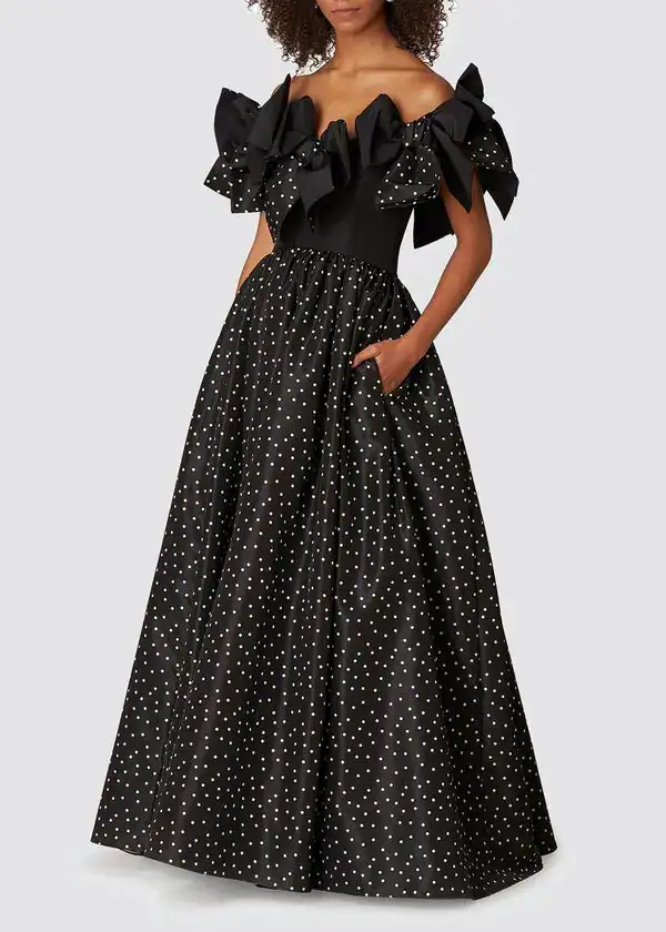 Carolina Herrera Polka Dot A-Line Gown W/ Bow Detail In Blackivory