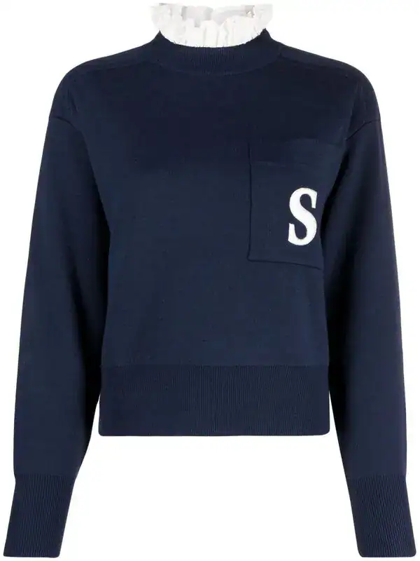 Sandro Ruffle Collar Knit Jumper Blue Editorialist
