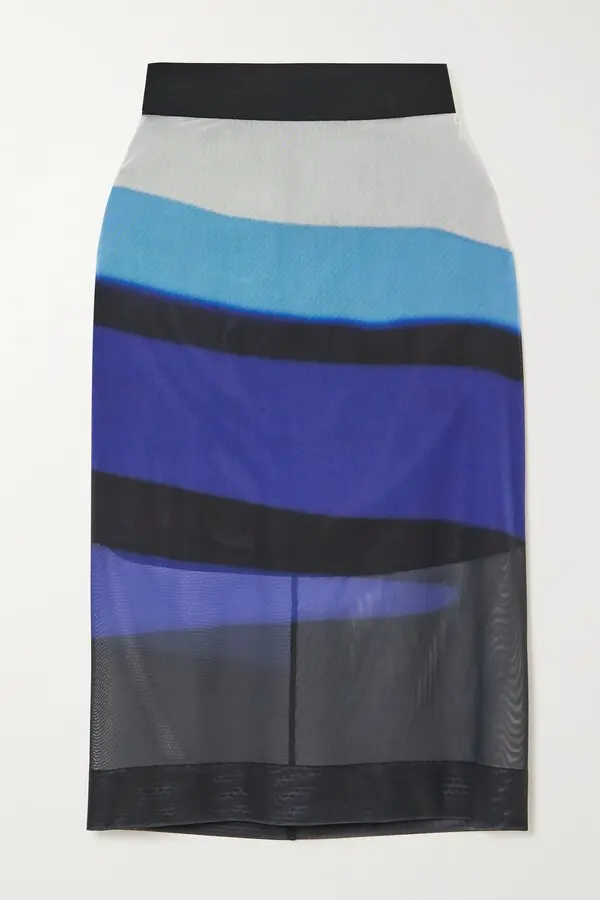 Dries Van Noten Striped Stretch-Mesh Skirt - Blue | Editorialist