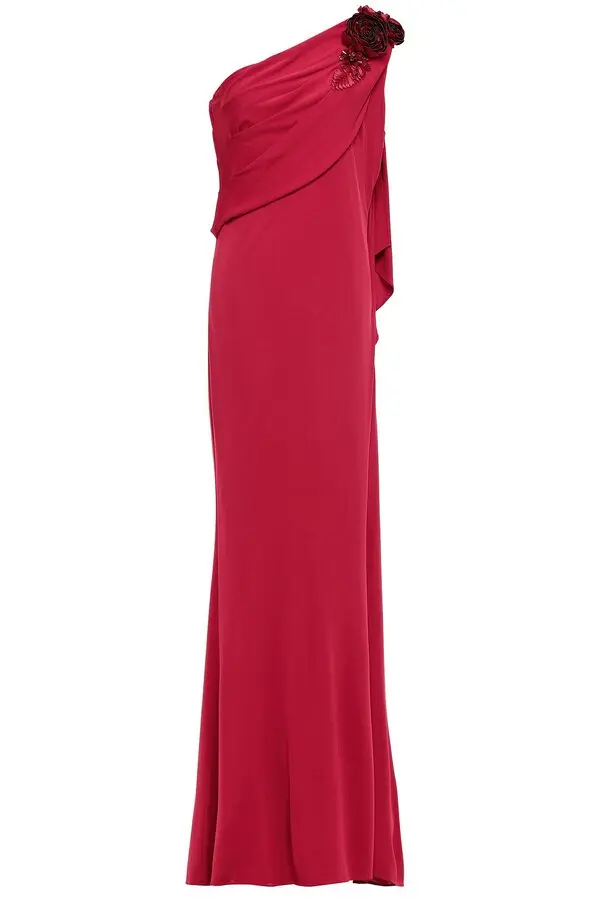 badgley mischka red one shoulder dress Badgley Mischka One-Shoulder Pleated Leaf Evening Gown, Size: 8 in Rose