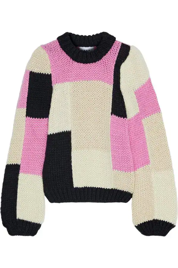 Ganni Color-Block Merino Wool And Alpaca-Bend Sweater In