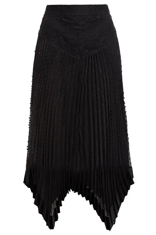 Zimmermann Espionage Asymmetric Lace-Paneled Pleated Swiss-Dot Chiffon  Skirt Size In Black - 50% Off | Editorialist