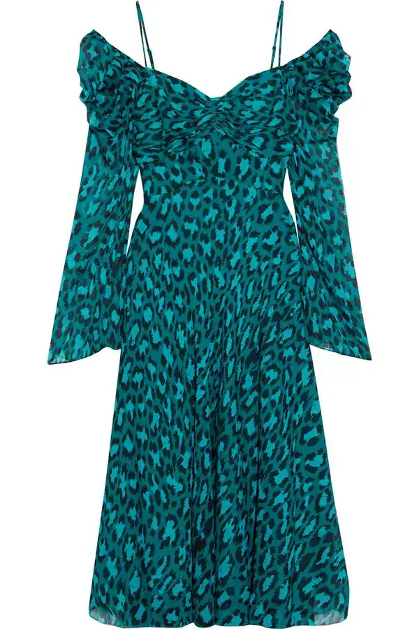 Diane Von Furstenberg Lilith Cold-Shoulder Leopard-Print Silk-Georgette  Midi Dress In Emerald - 75% Off | Editorialist