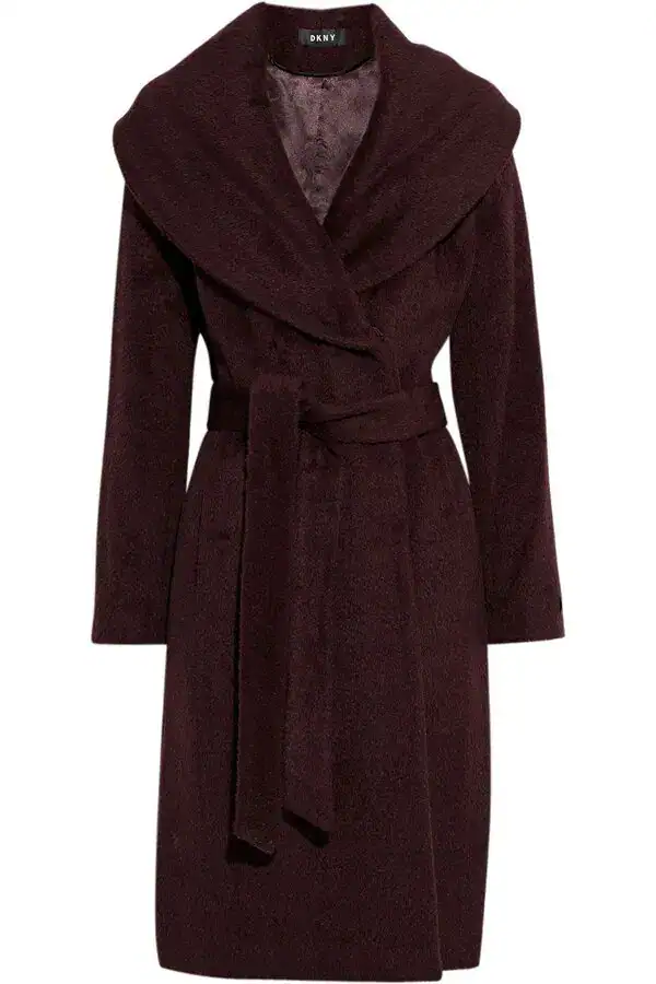 Dkny Belted Brushed Wool-Blend Coat In Burgundy 70% Off