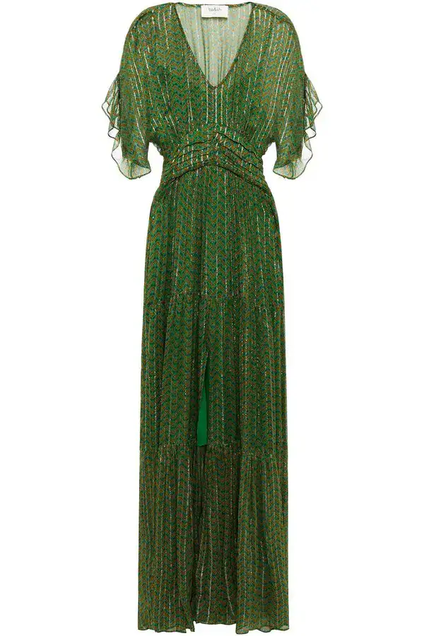 Ba&Sh Wanda Shirred Printed Metallic Georgette Maxi Dress Size In Leaf Green  - 60% Off | Editorialist